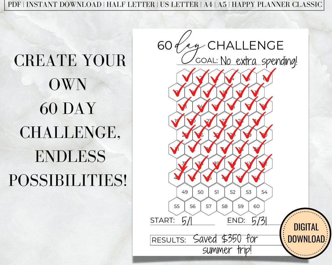 60 Day Challenge Printable, 60 Day Goal Tracker, Monthly Goal Planner ...