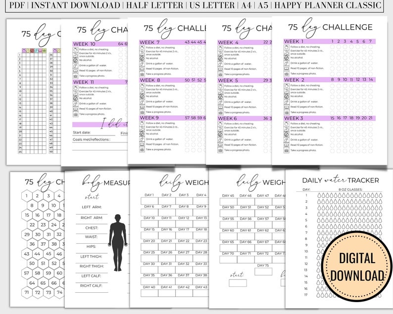 75 Day Challenge Bundle Printable, 75 Day Tracker, 75 Challenge ...