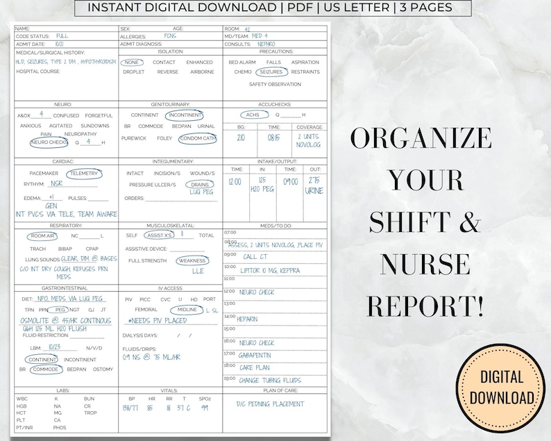 Nurse Report Sheet Med Surg, Nursing Brain, Hourly Layout Day & Night ...