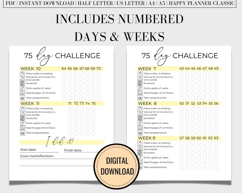 75 Day Challenge Printable, 75 Day Tracker, 75 Challenge Printable , 75 ...