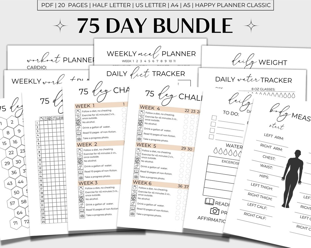 75 Day Challenge Bundle Printable, 75 Day Tracker, 75 Challenge ...