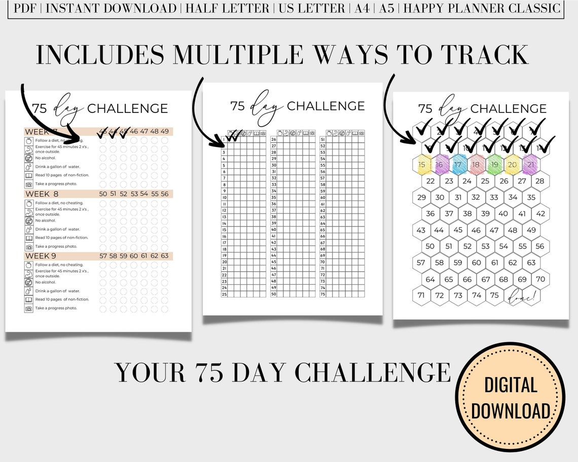 75 Day Challenge Bundle Printable, 75 Day Tracker, 75 Challenge ...