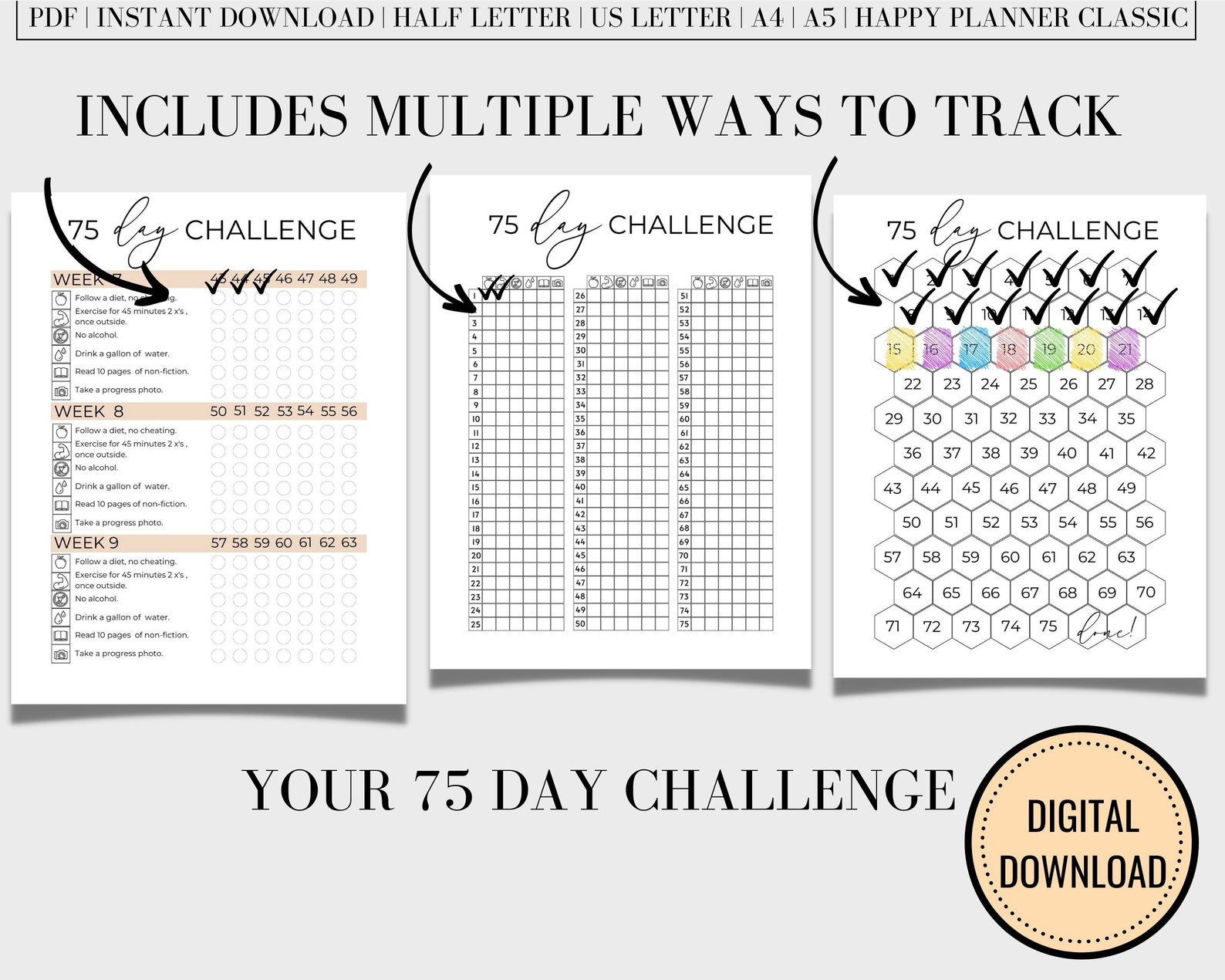 75 Day Challenge Bundle Printable, 75 Day Tracker, 75 Challenge ...