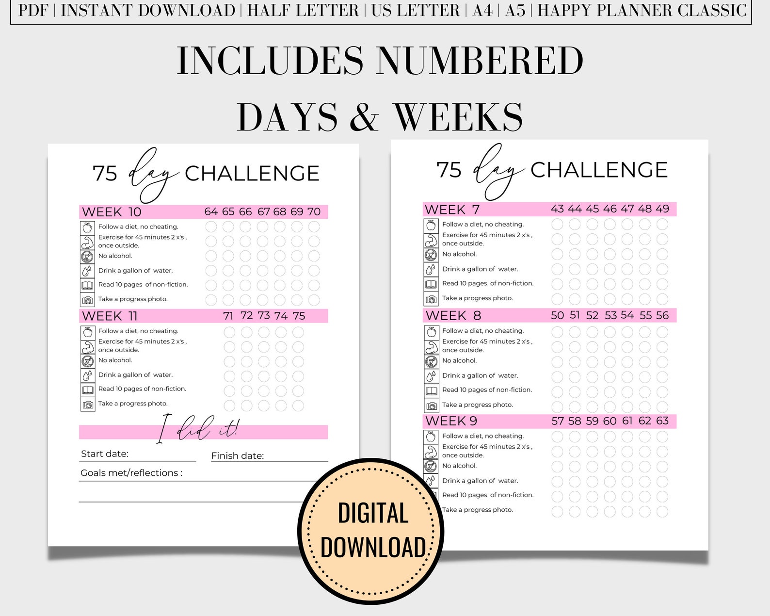 75 Day Challenge Printable, 75 Day Tracker, 75 Challenge Printable, 75 ...