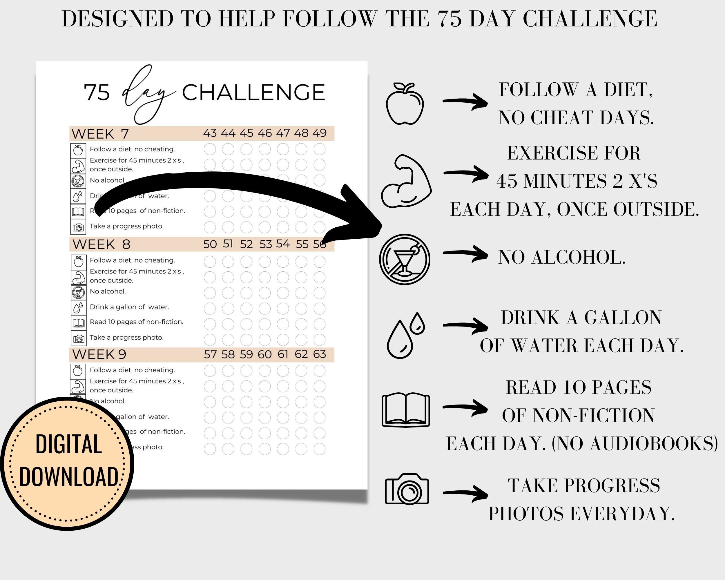 75 Day Challenge Printable, 75 Day Tracker, 75 Challenge Printable , 75 ...