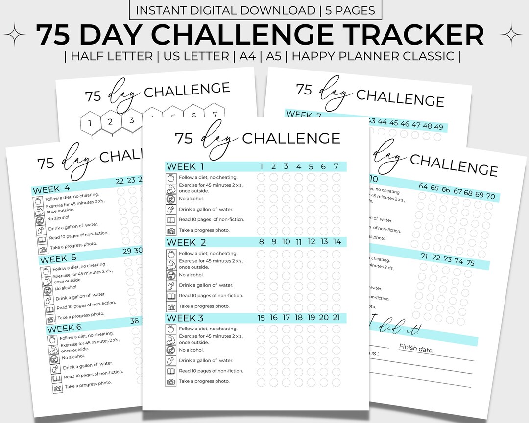 75 Day Challenge Printable 75 Day Tracker Health & Fitness - Etsy