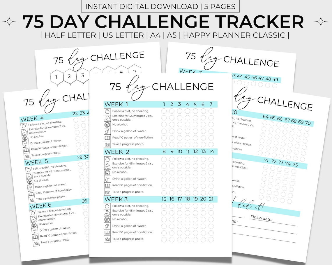 75 Day Challenge Printable 75 Day Tracker Health & Fitness - Etsy