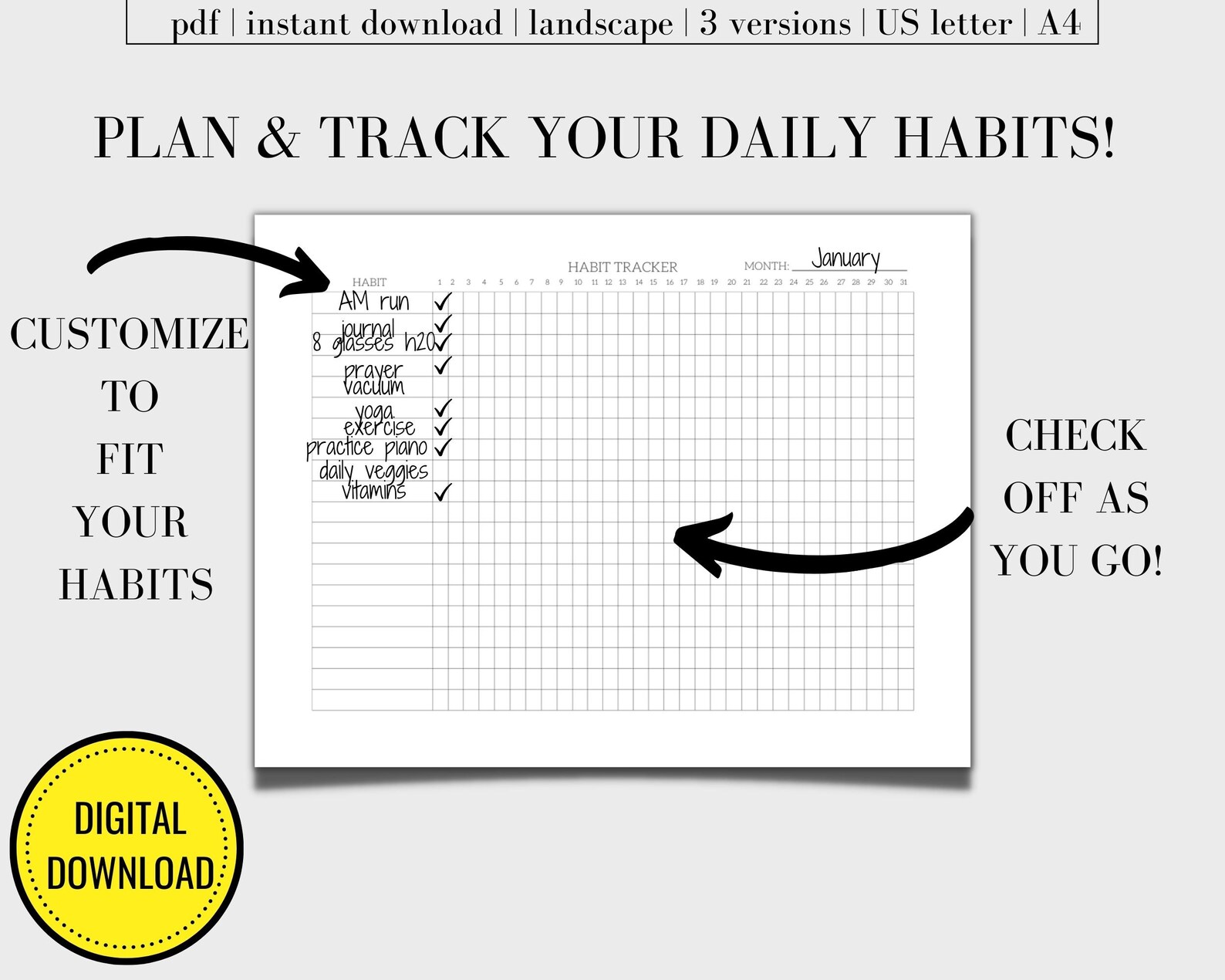 Monthly Habit Tracker Landscape Printable 31 Day Monthly - Etsy