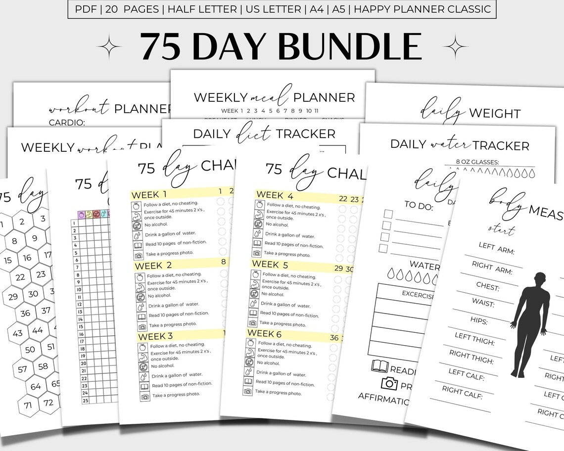 75 Day Challenge Bundle Printable, 75 Day Tracker, 75 Challenge ...