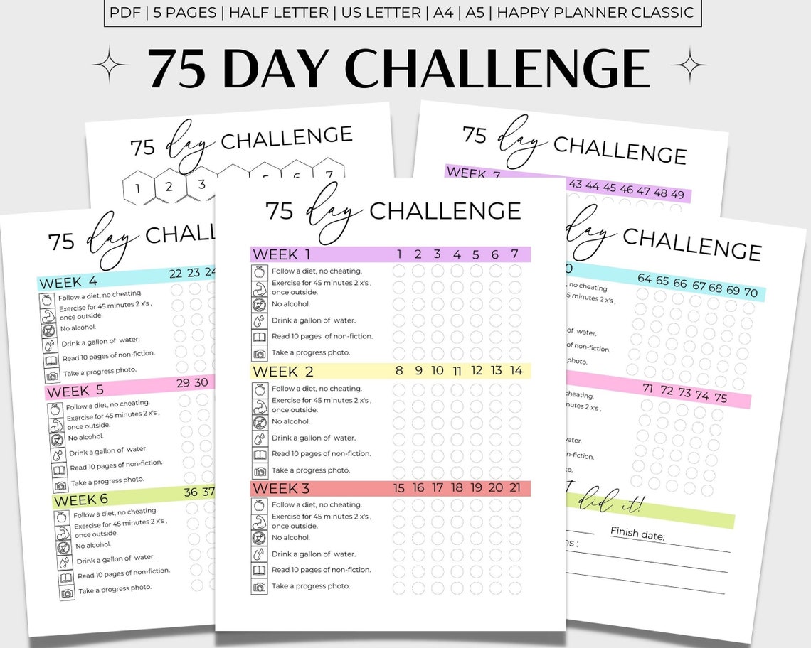 75 Day Challenge Printable, 75 Day Tracker, 75 Challenge Printable , 75 ...