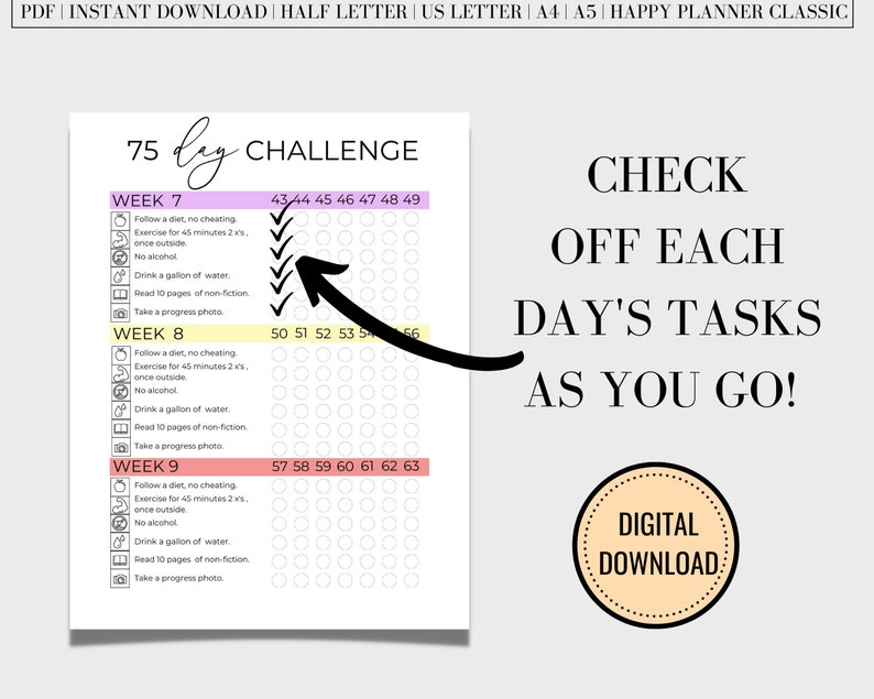 75 Day Challenge Printable, 75 Day Tracker, 75 Challenge Printable , 75 ...