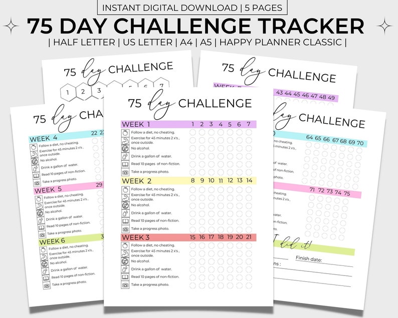 75 Day Challenge Printable 75 Day Tracker Health & Fitness - Etsy