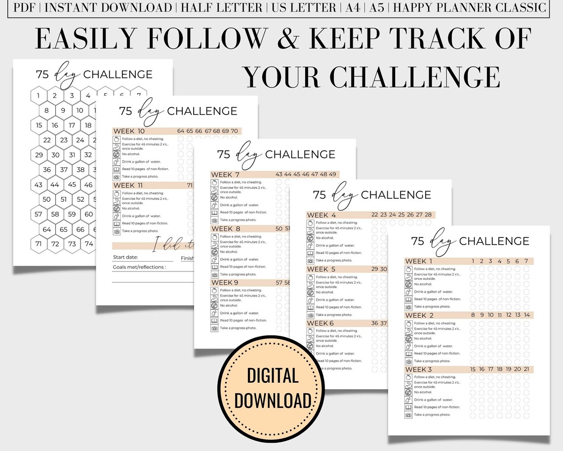 75 Day Challenge Printable 75 Day Tracker Health & Fitness - Etsy