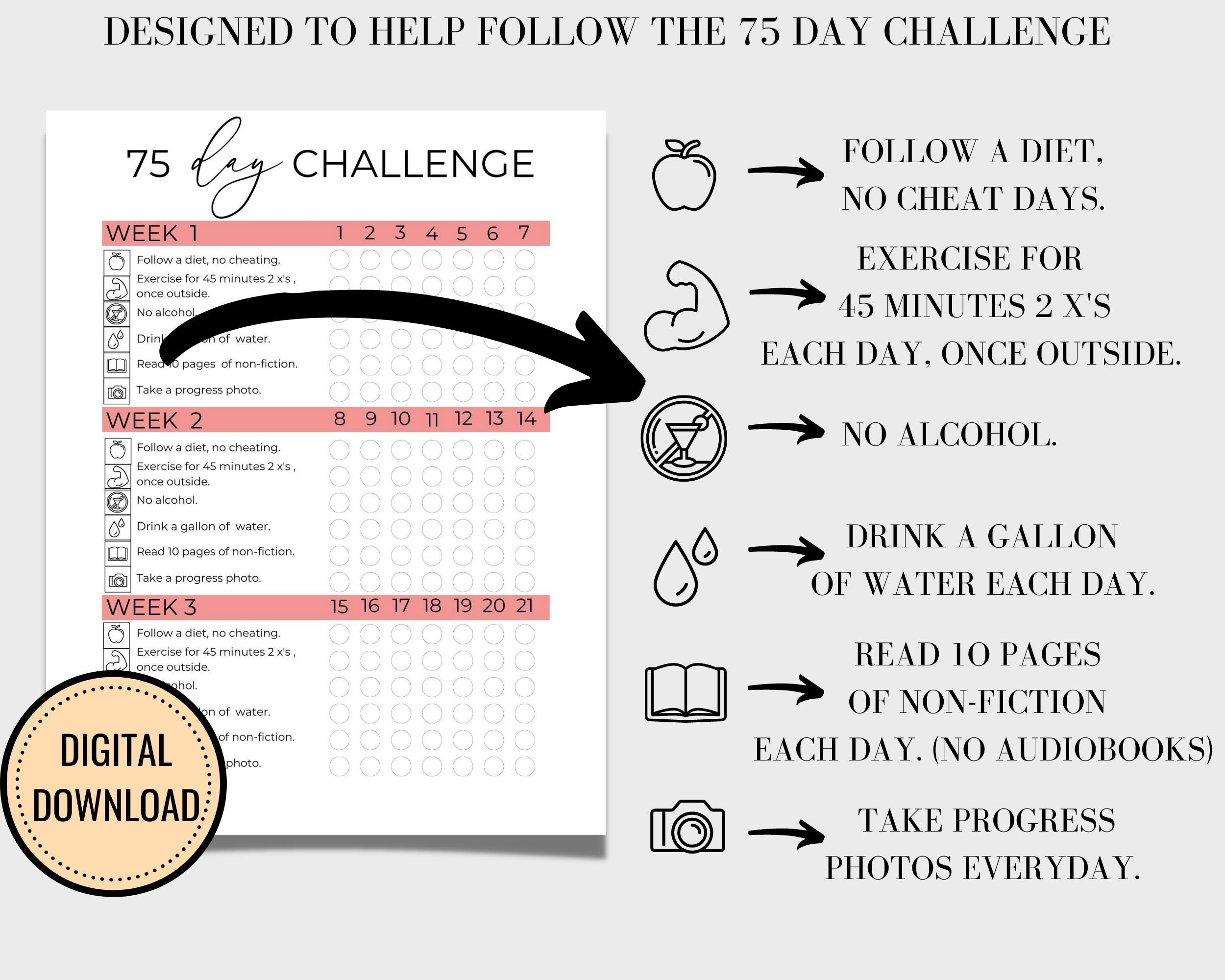 75 Day Challenge Bundle Printable, 75 Day Tracker, 75 Challenge ...