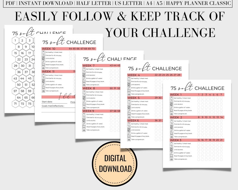 75 Soft Challenge Printable, 75 Soft Tracker, Health & Fitness Tracker ...