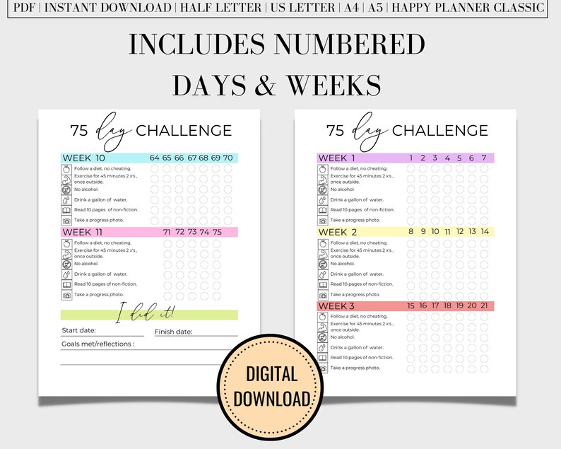 75 Day Challenge Printable, 75 Day Tracker, 75 Challenge Printable , 75 ...