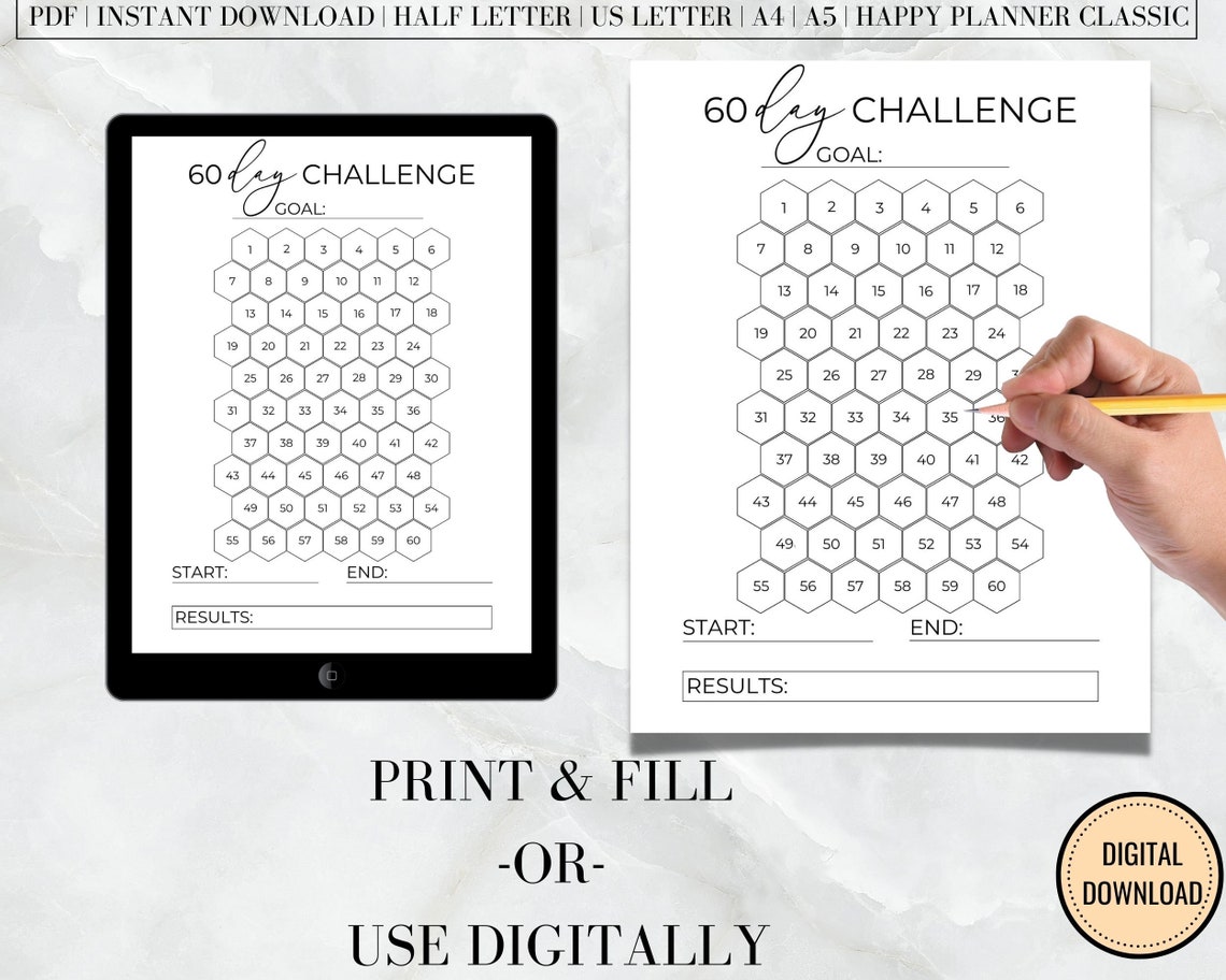 60 Day Challenge Printable, 60 Day Goal Tracker, Monthly Goal Planner ...