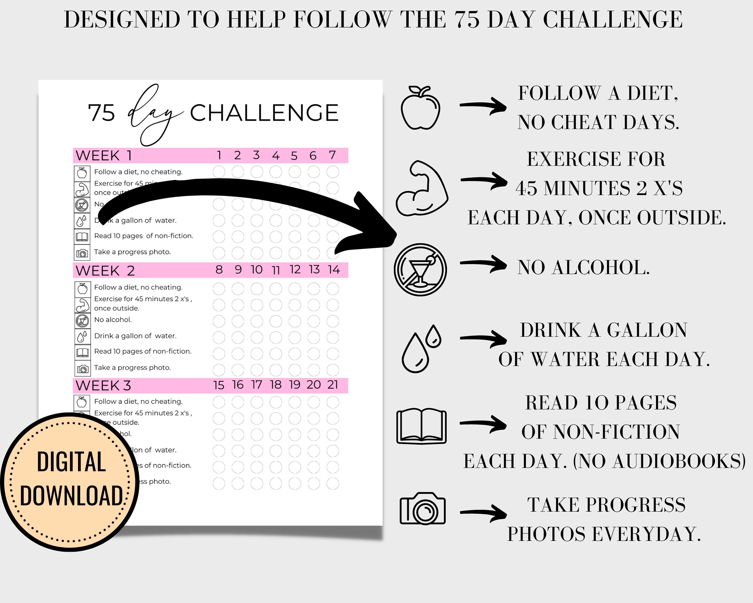 75 Day Challenge Printable, 75 Day Tracker, 75 Challenge Printable, 75 ...