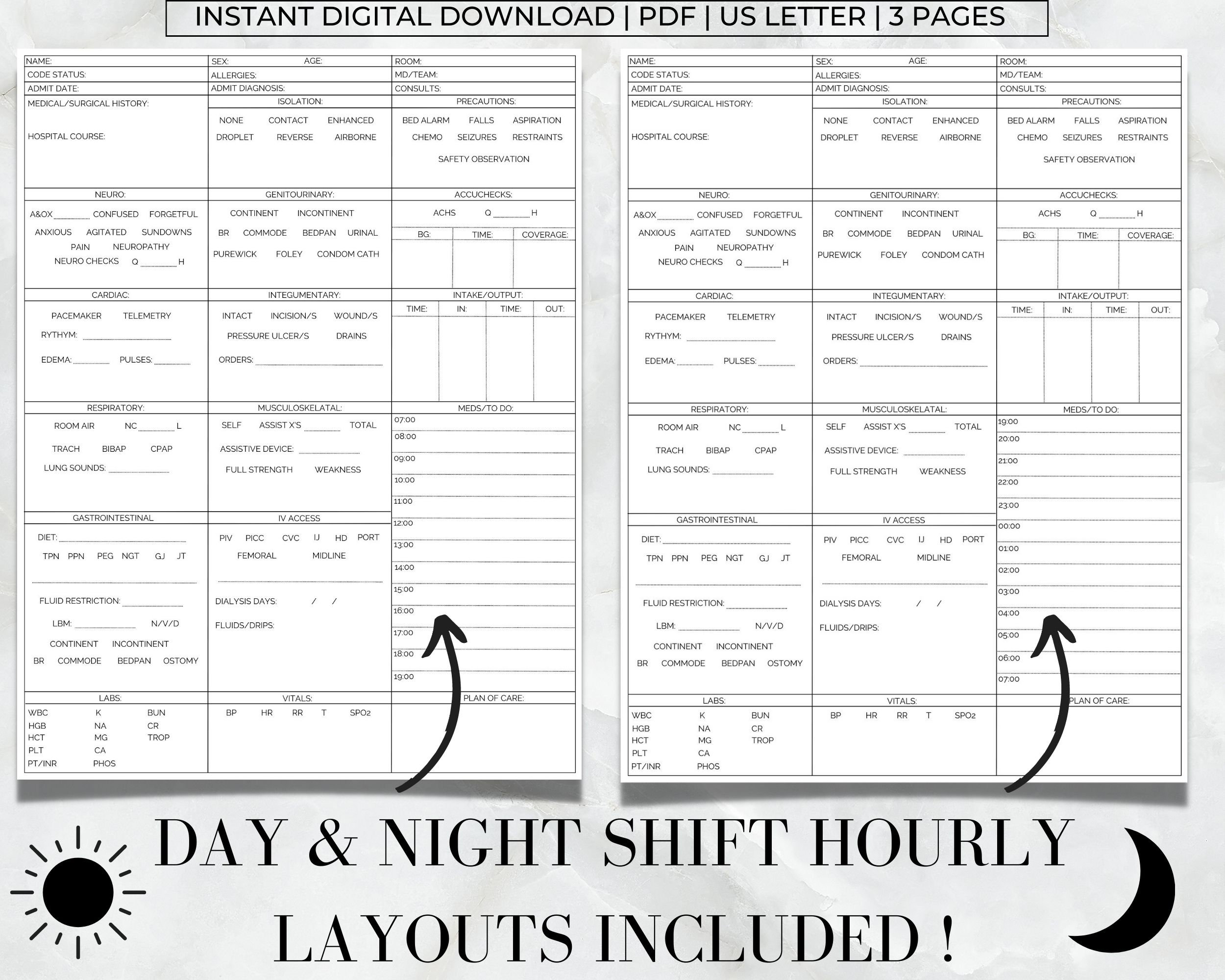 Nurse Report Sheet Med Surg, Nursing Brain, Hourly Layout Day & Night ...