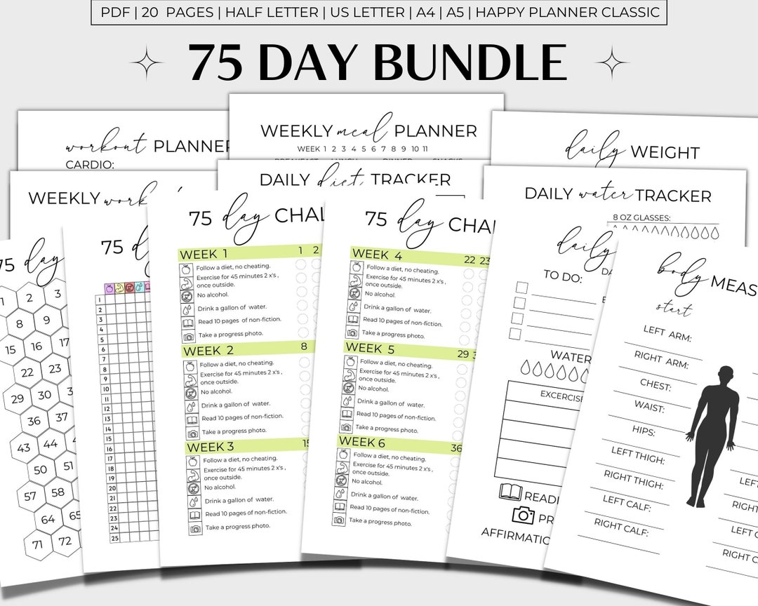 75 Day Challenge Bundle Printable, 75 Day Tracker, 75 Challenge ...