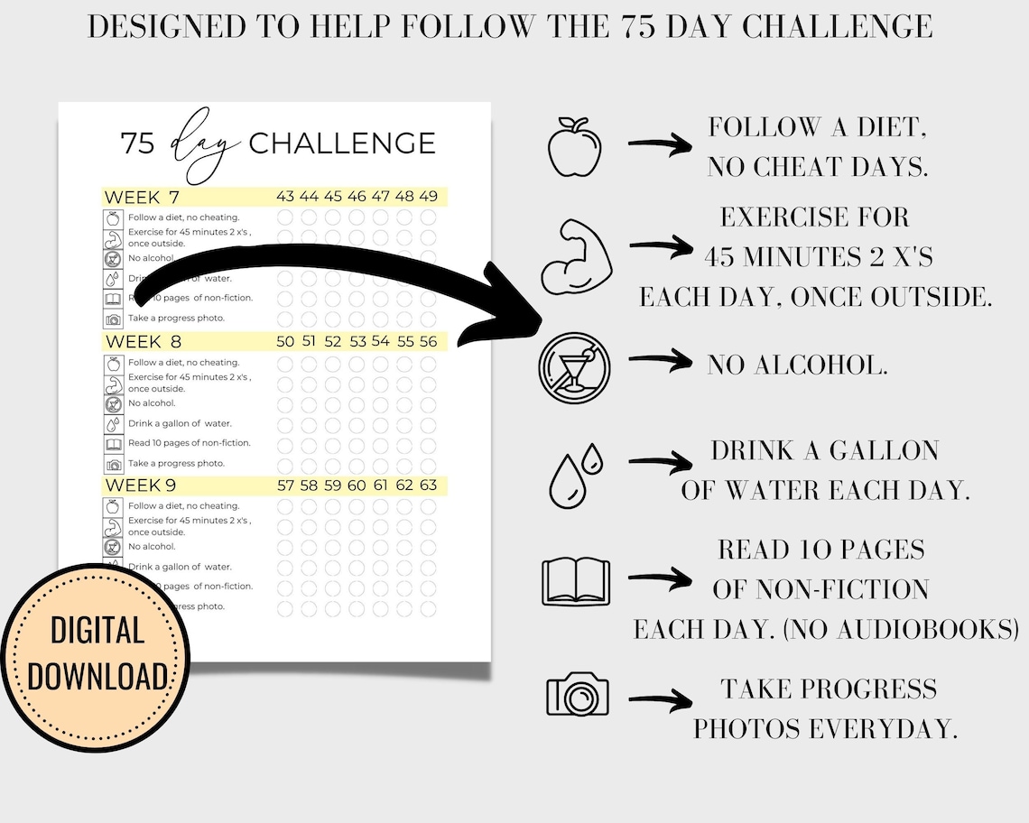 75 Day Challenge Bundle Printable, 75 Day Tracker, 75 Challenge ...