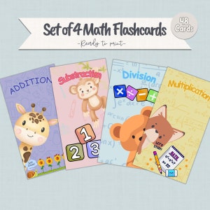 Set of 4 Math Flashcards Printable Cards Addition Subtraction ...