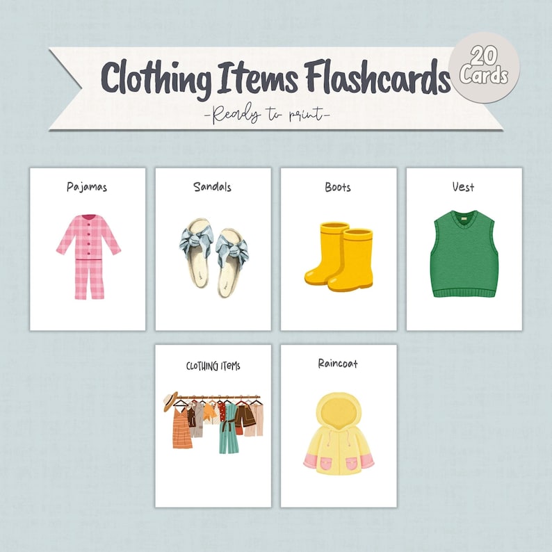 20 Clothing Items Flashcards Printable Cards Montessori Clothes ...