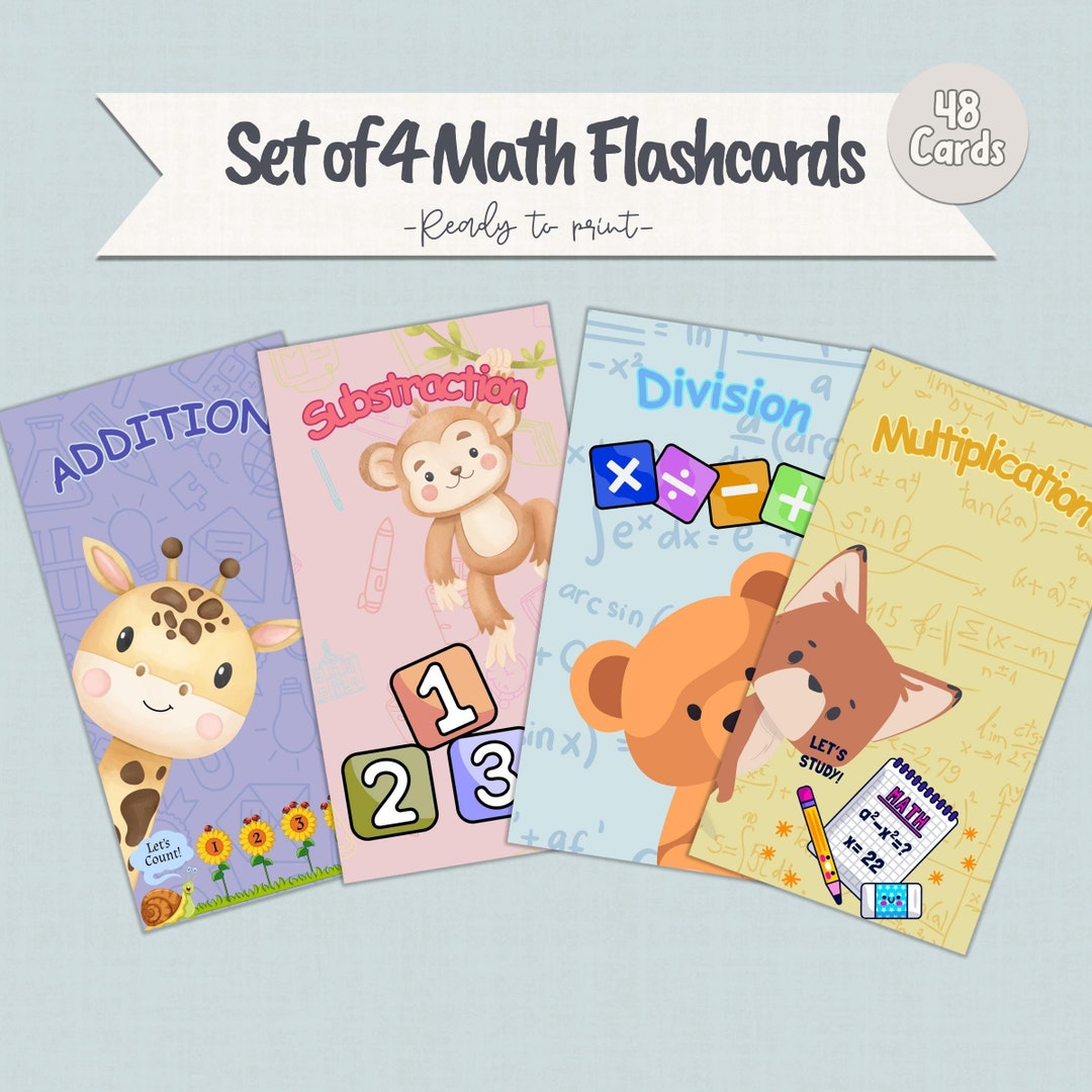 Set of 4 Math Flashcards Printable Cards Addition Subtraction ...