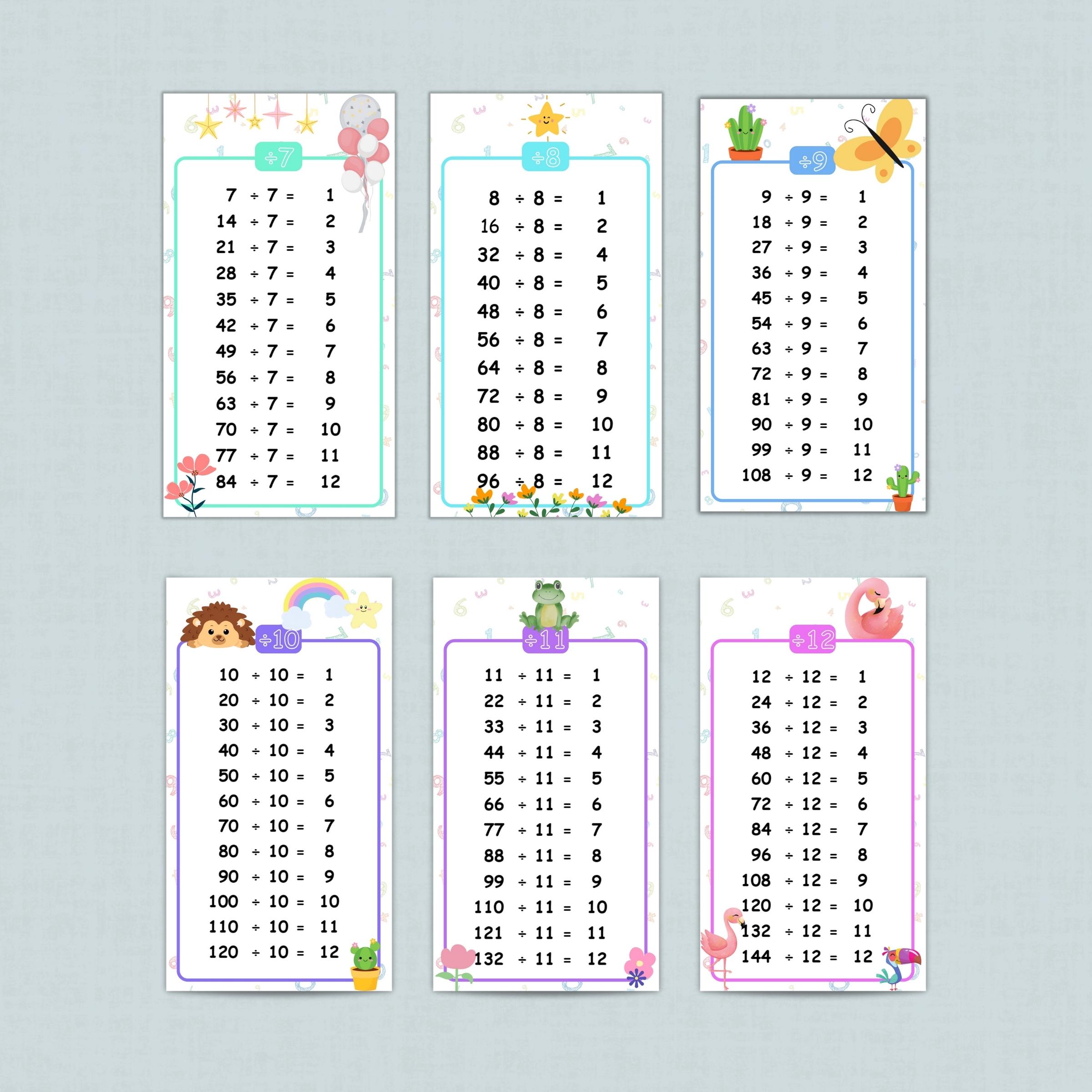 12 Division Numbers Flashcards Printable Cards for Educational Kids ...