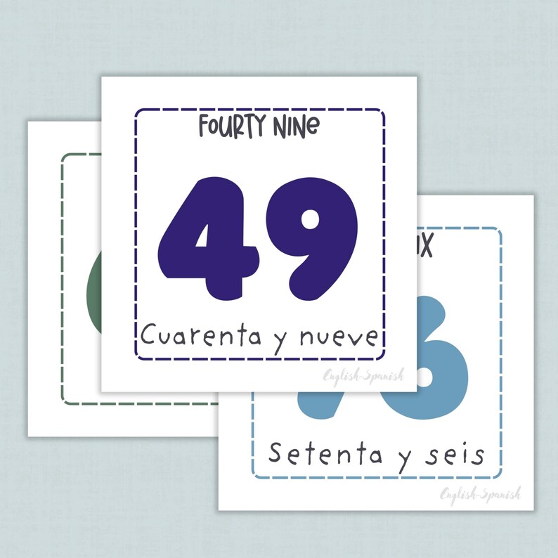 Numbers Flashcards 100 Numbers Printable Bilingual Flashcard English ...