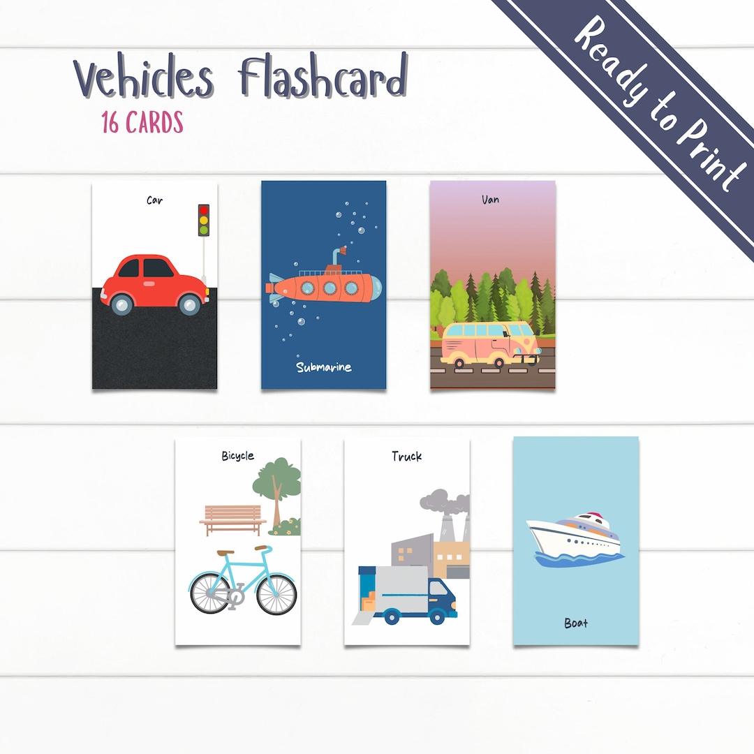 16 Vehicles Falshcard, Printable Flashcard, Montessori Flashcard ...