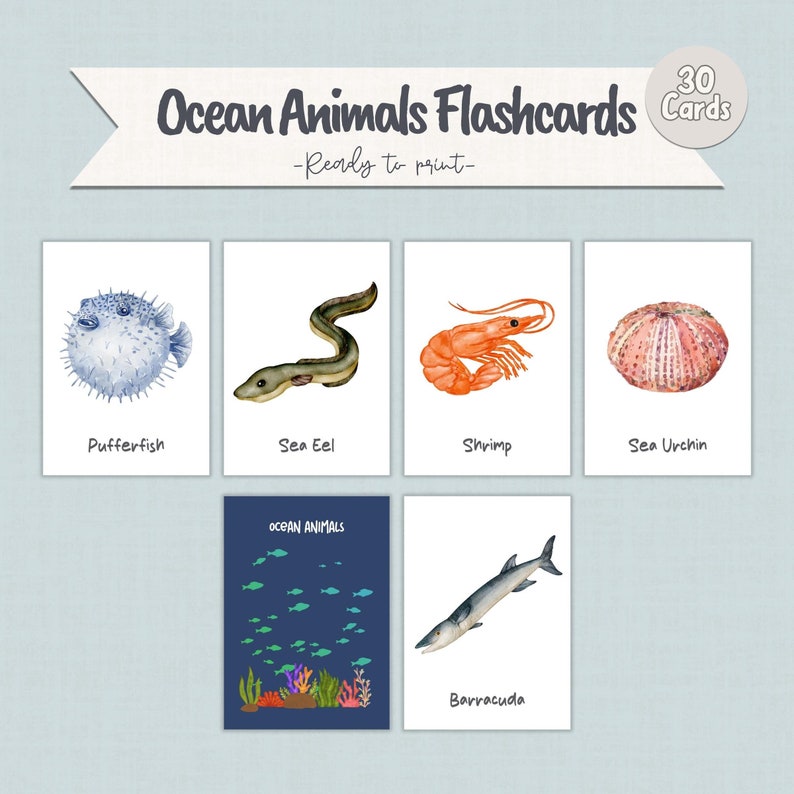 30 Ocean Animals Flashcard Printable Montessori Flashcards Fish Ocean ...