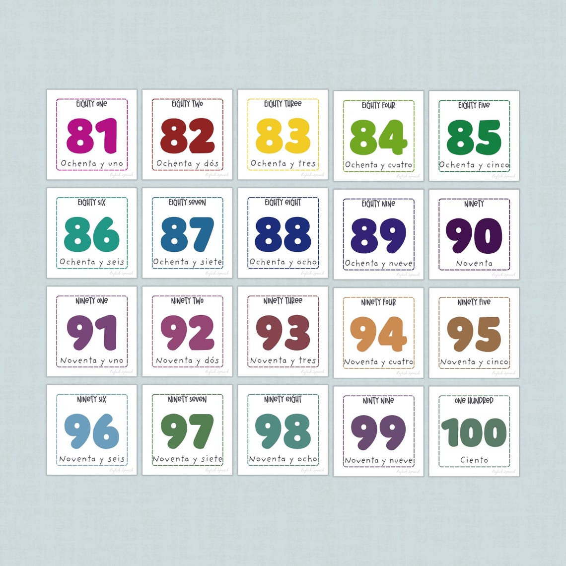 Numbers Flashcards 100 Numbers Printable Bilingual Flashcard English ...