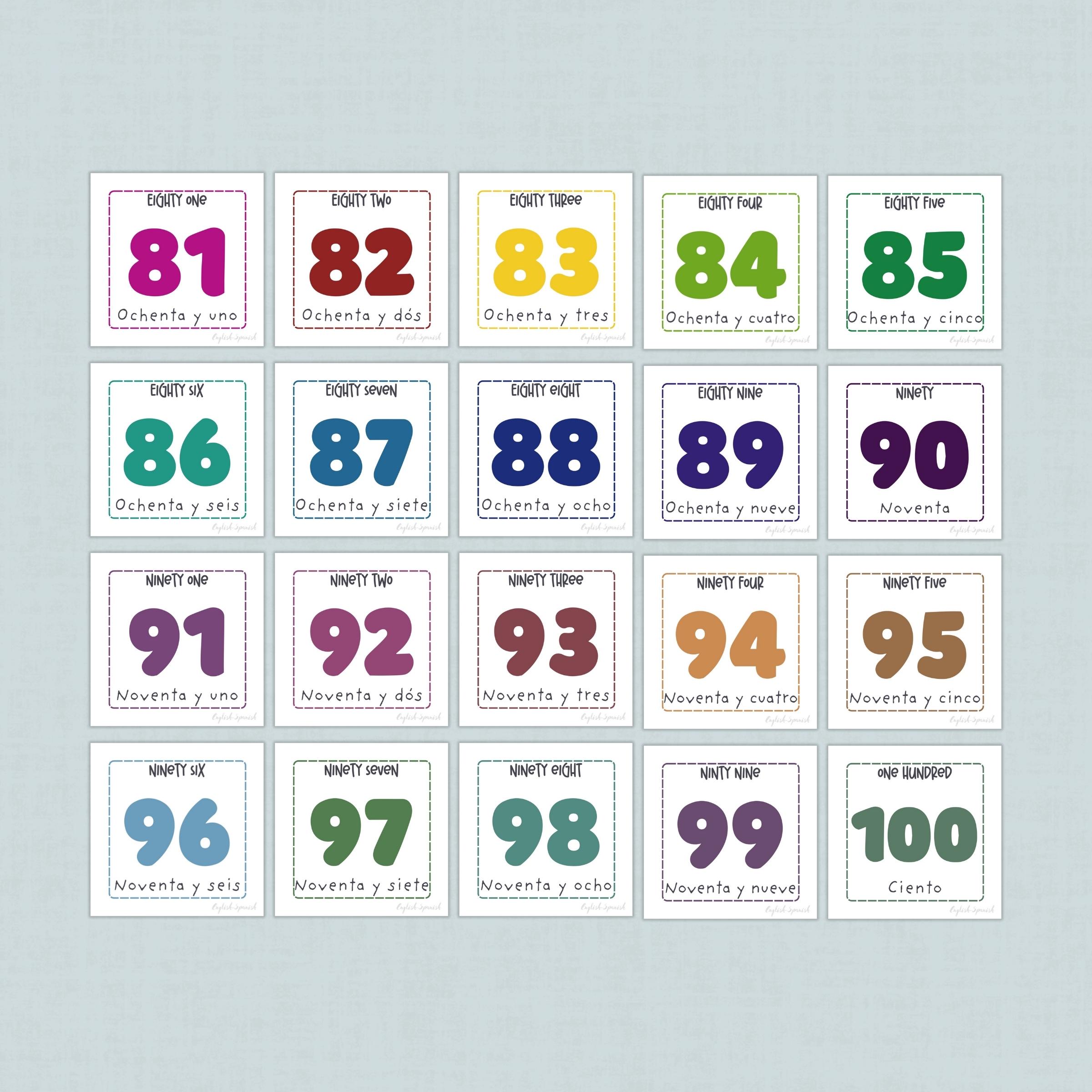 Numbers Flashcards 100 Numbers Printable Bilingual Flashcard English ...