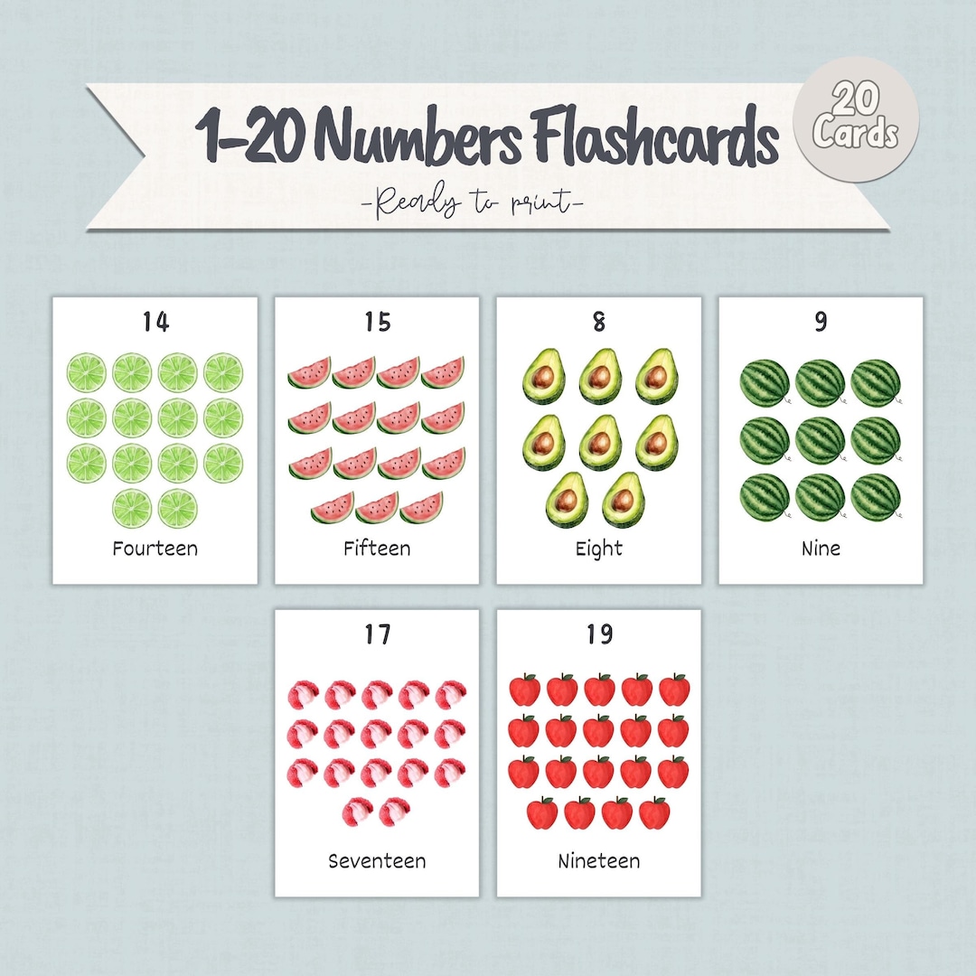 20 Numbers Fruits Flashcards Printable Learnt to Count Cards Fruits ...