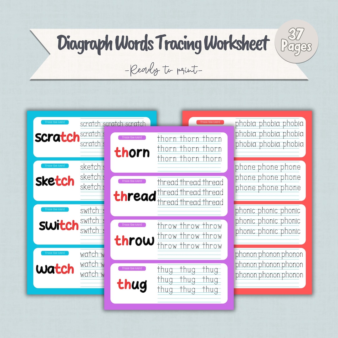 144 Diagraph Words Tracing Worksheet Printable Pages Montessori Phonics ...