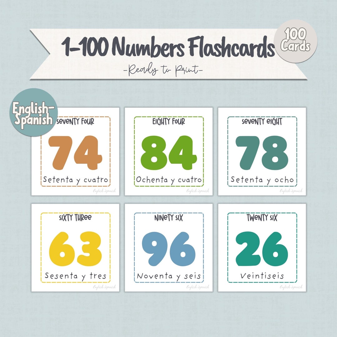 Numbers Flashcards 100 Numbers Printable Bilingual Flashcard English ...