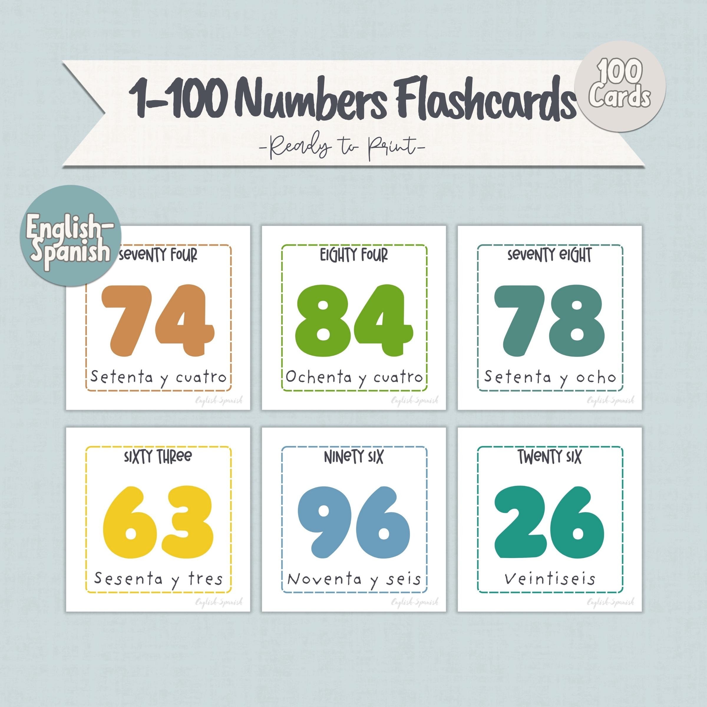 Numbers Flashcards 100 Numbers Printable Bilingual Flashcard English ...