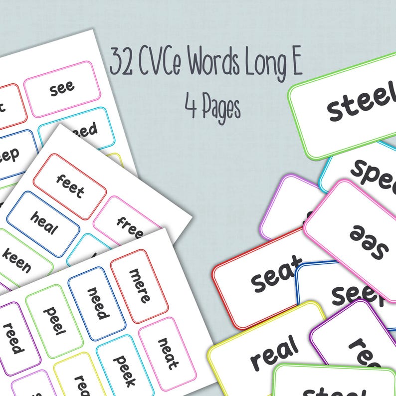 32 Cvce Long Vowel Sounds E Flashcards Printable Montessori Phonic ...
