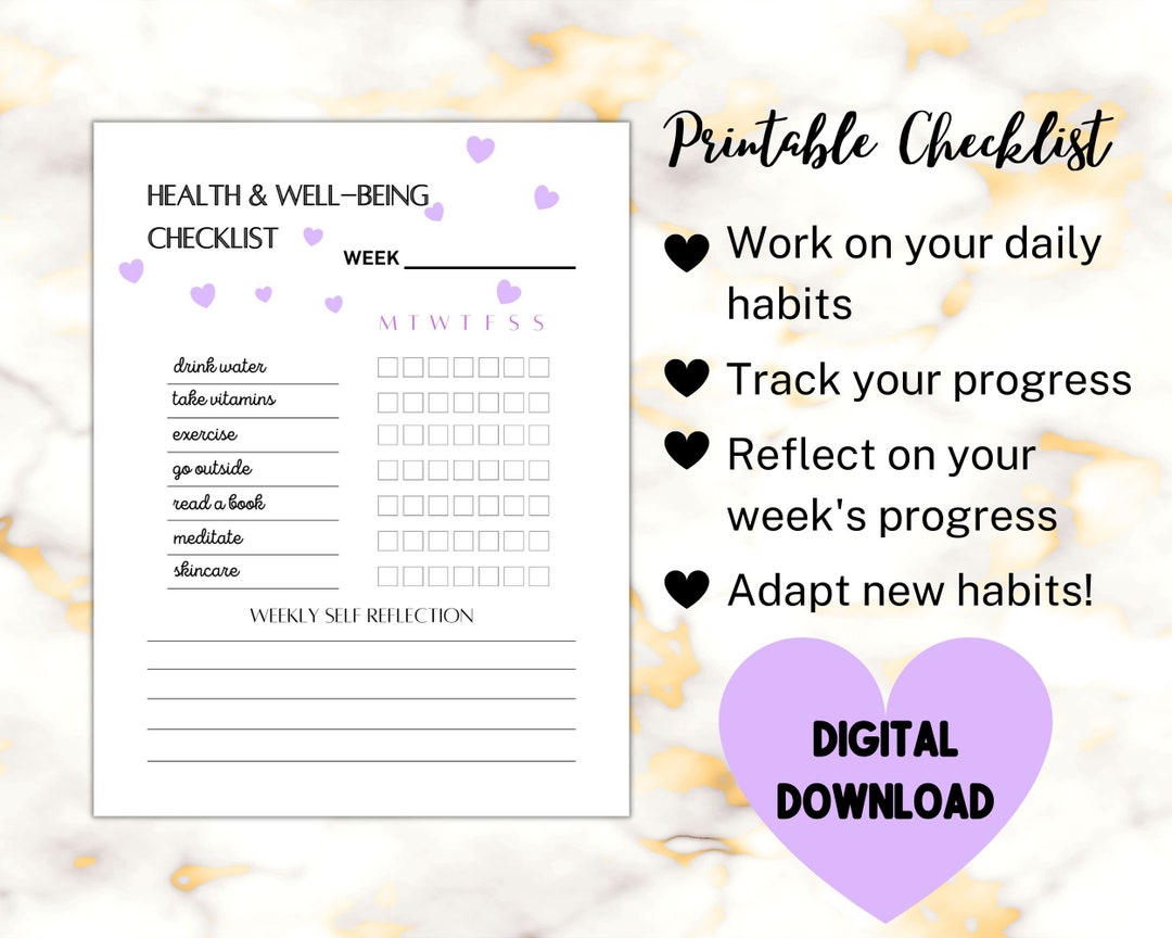 Health & Well-being Checklist US Letter Size, A4 Size, and A5 Size ...