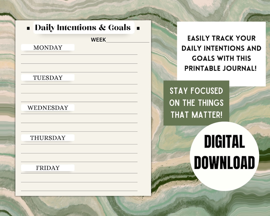 Daily Intentions & Goals Journal Digital Download Printable in US ...