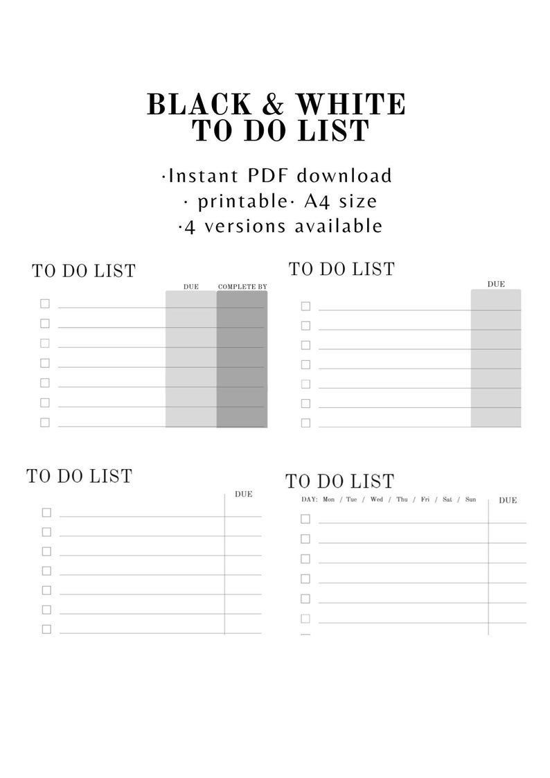 To Do List Printable/ Black & White Simple Planner/ A4 Size ...