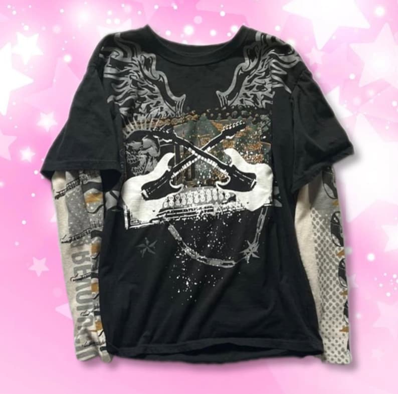 Y2K Grunge Layered Shirt Guitar and Wings - Etsy