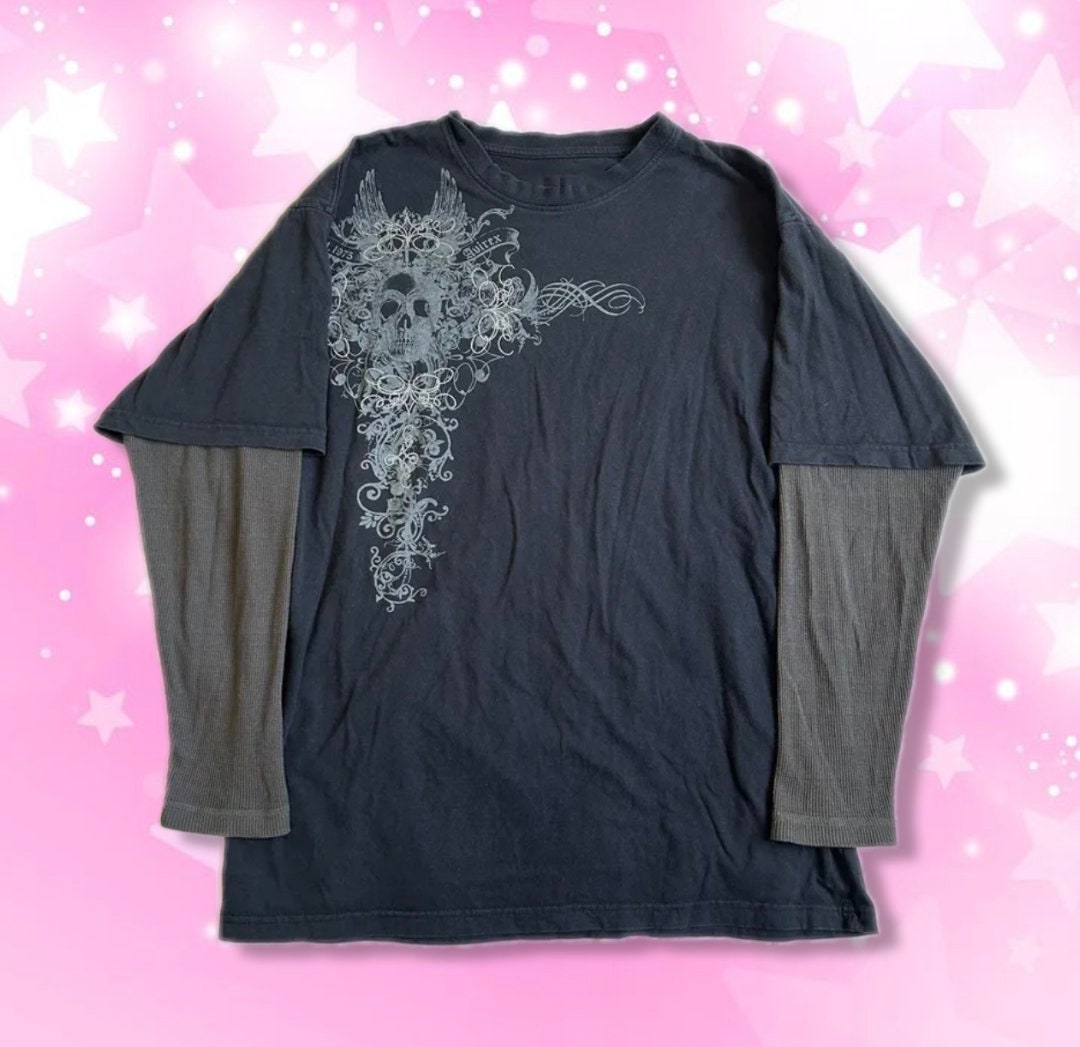 Navy and Grey Skull Y2K Grunge Layered Tee Shirt - Etsy