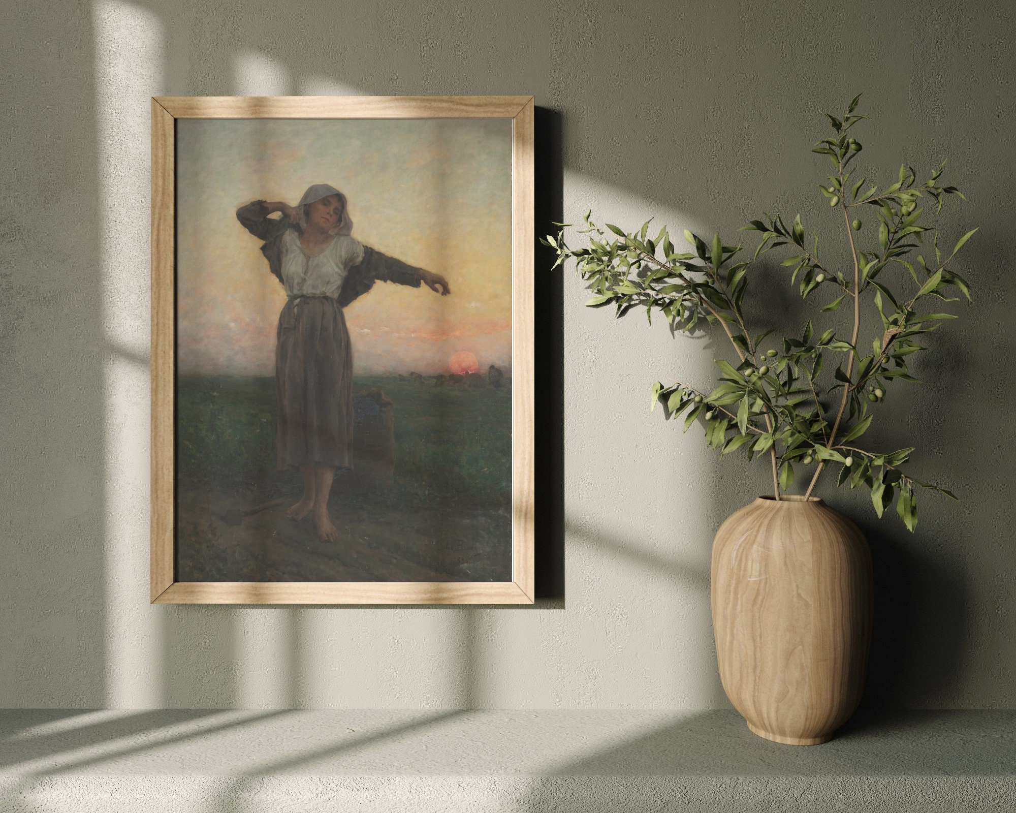 Vintage Painting of Sheperdess Stretching and Walking at Sunset Digital ...