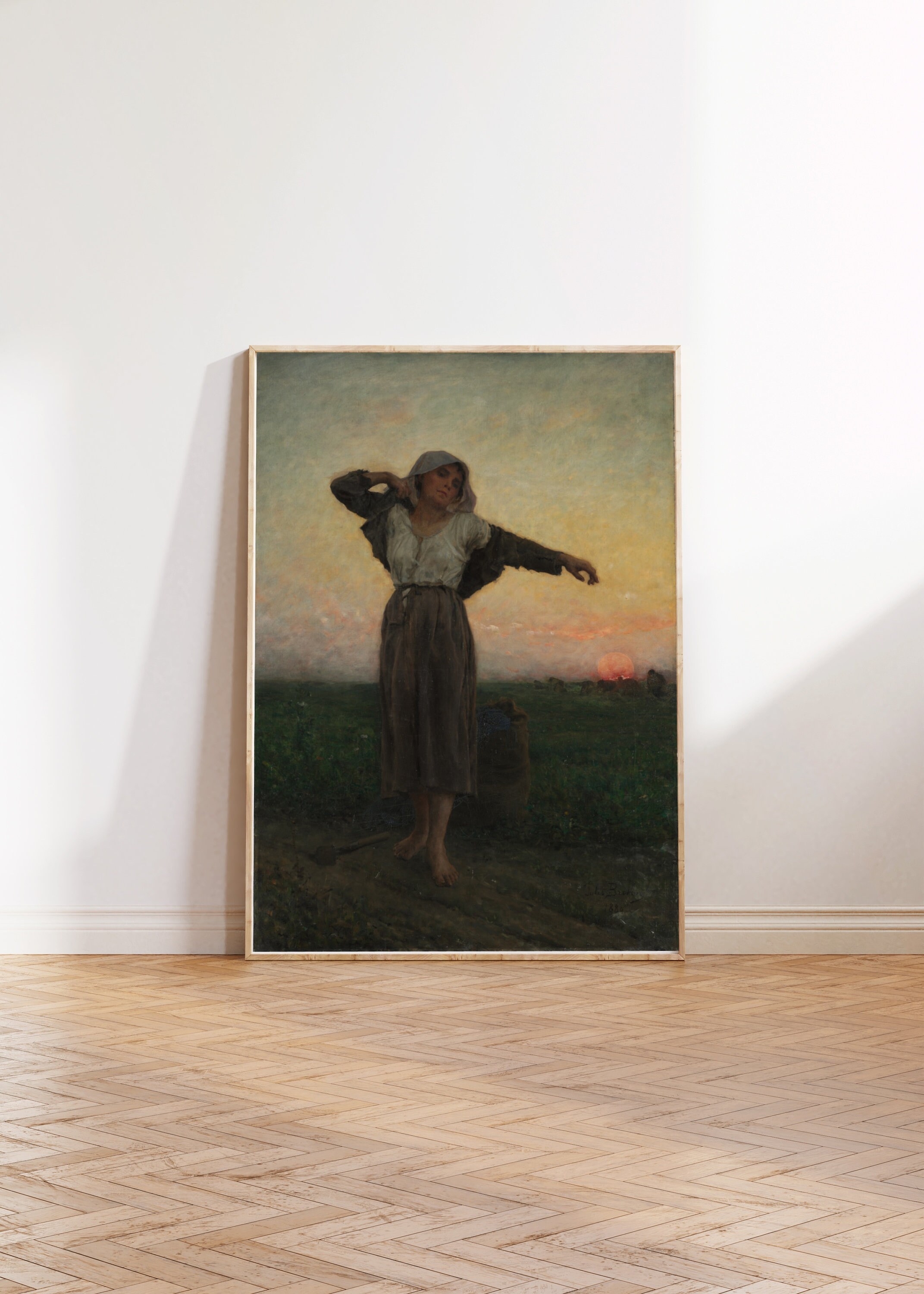 Vintage Painting of Sheperdess Stretching and Walking at Sunset Digital ...