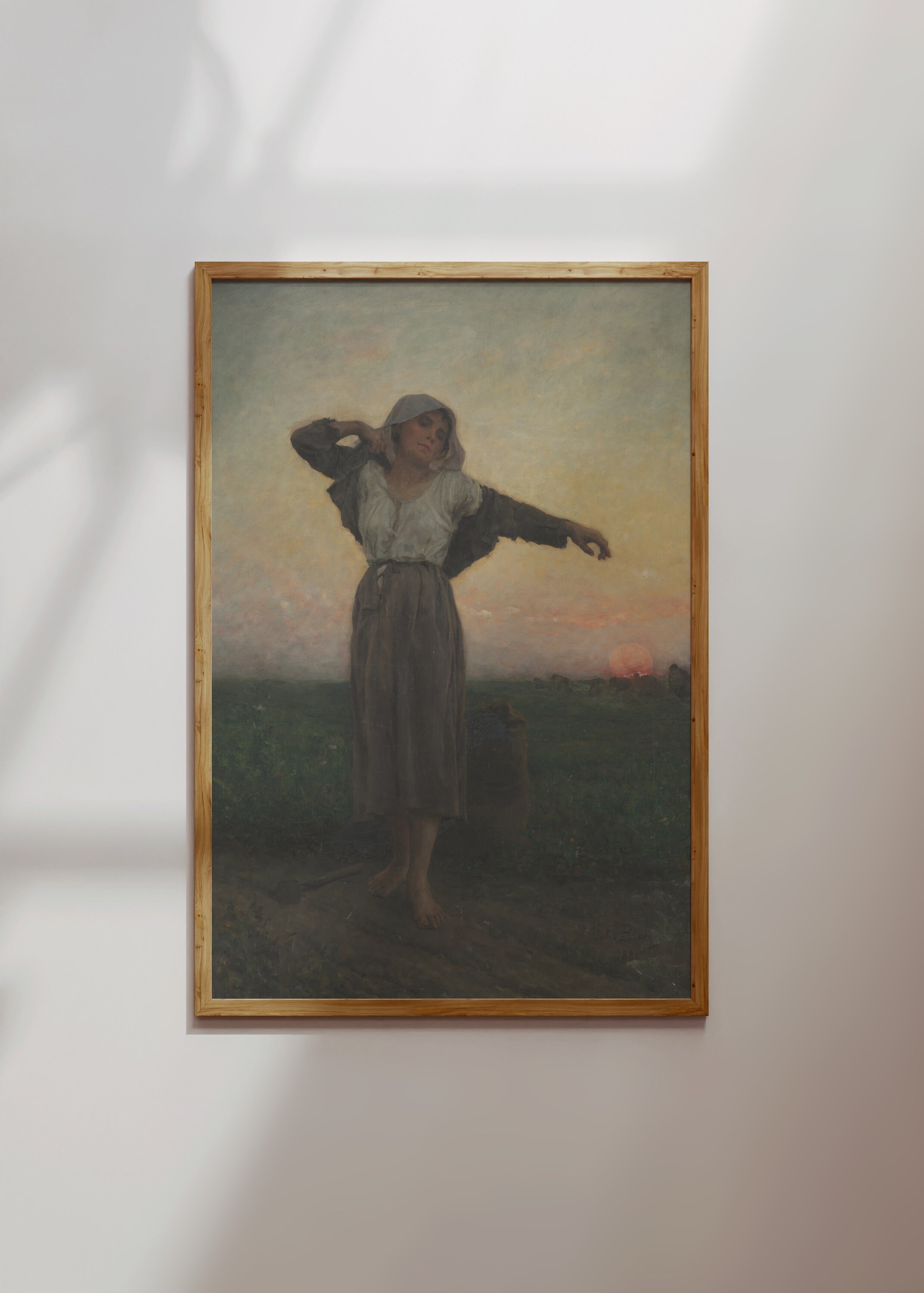 Vintage Painting of Sheperdess Stretching and Walking at Sunset Digital ...