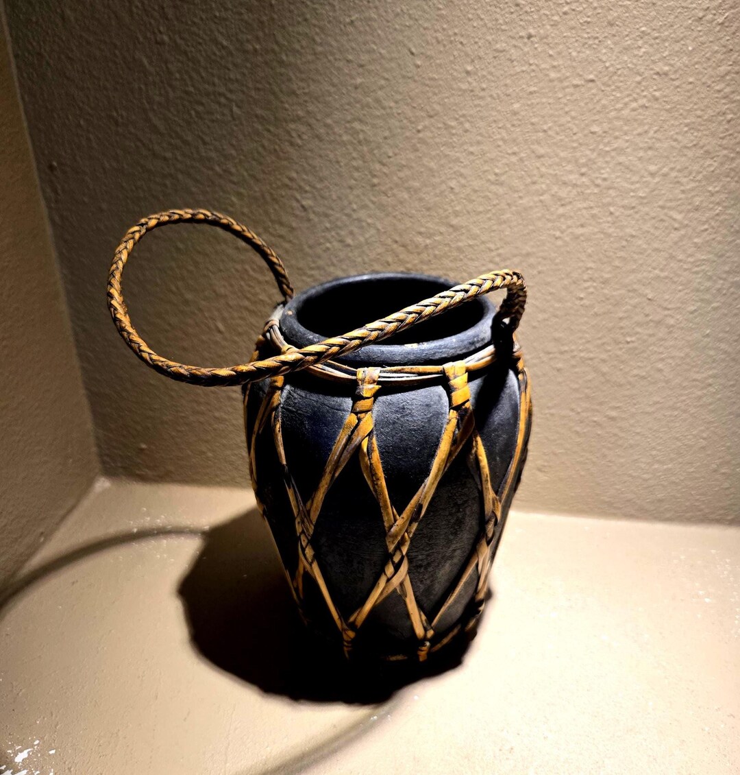 Vintage Nigerian Nupe Pottery Vessel With Rattan Decoration and Handle ...