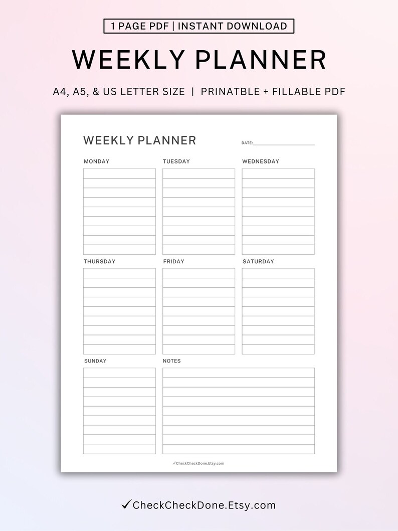 Weekly Planner Printable to Do List Minimal Weekly Schedule Weekly ...