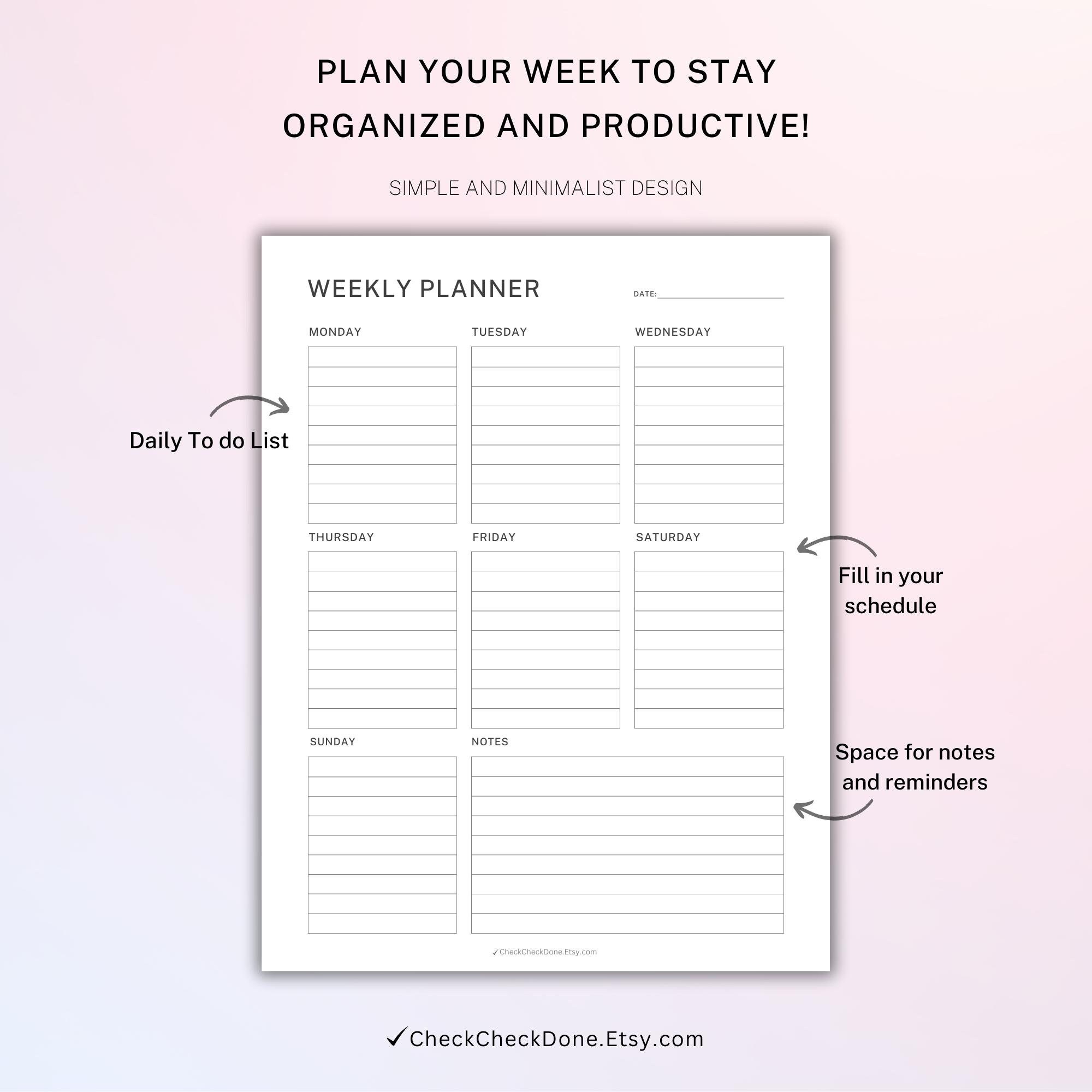 Weekly Planner Printable to Do List Minimal Weekly Schedule Weekly ...